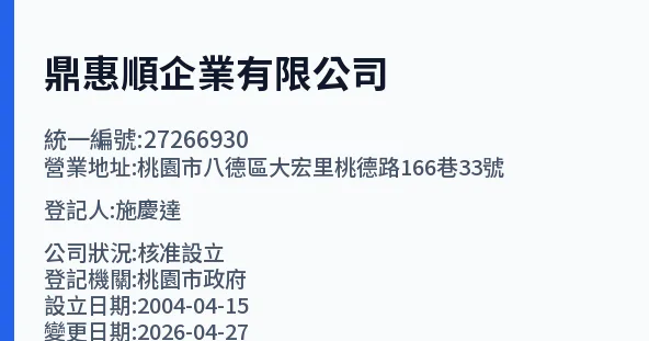 鼎惠順企業有限公司的照片-統編 27266930(桃園市) 公司登記資料與營業項目詳細圖表