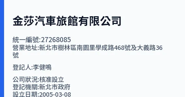 金莎汽車旅館有限公司的照片-統編 27268085(新北市) 公司登記資料與營業項目詳細圖表