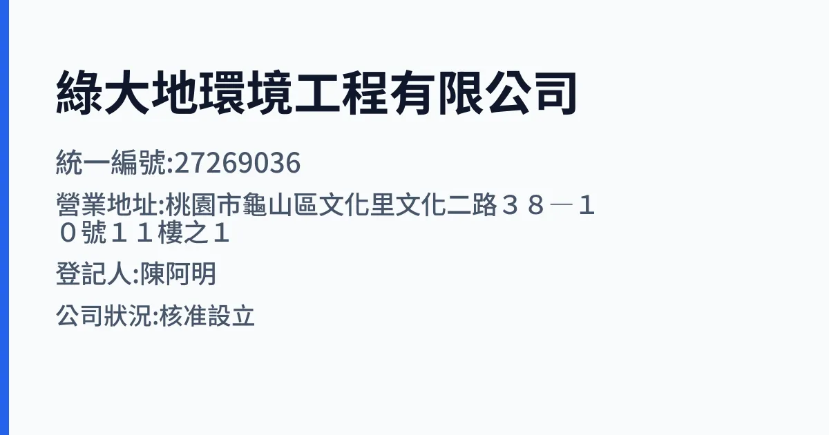 綠大地環境工程有限公司 - 統編 27269036(桃園市) 公司登記資料與營業項目詳細圖表
