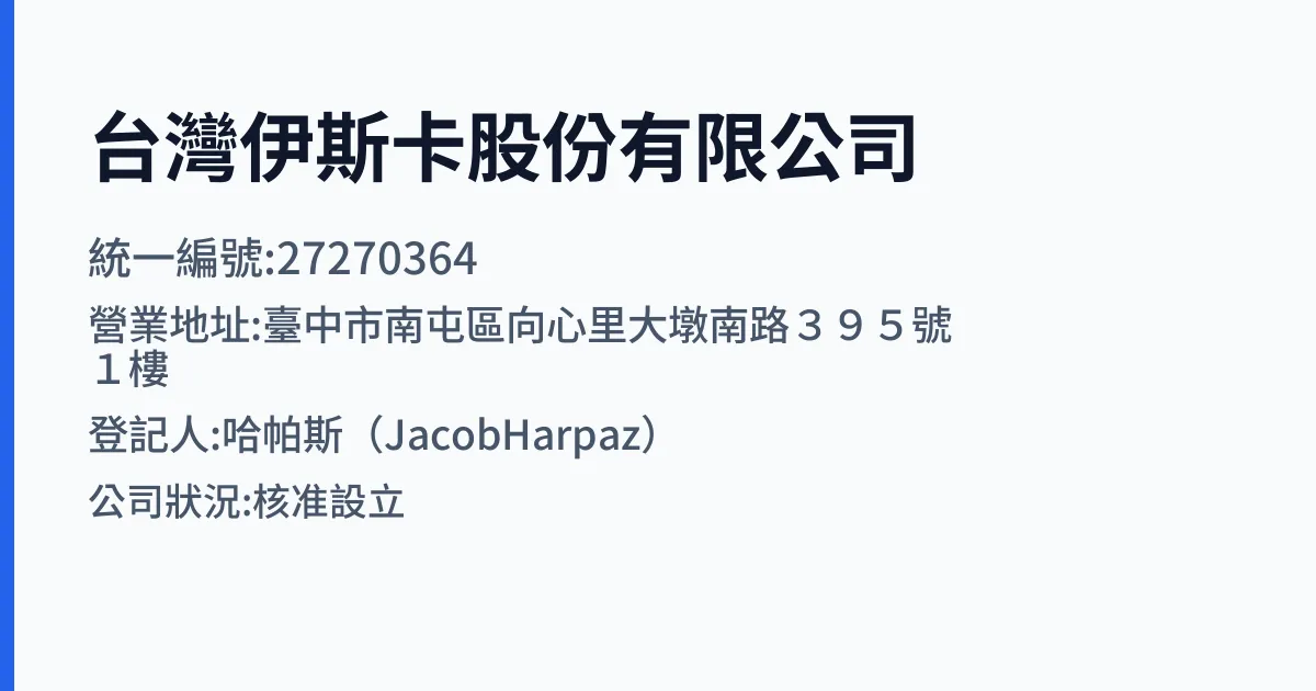 台灣伊斯卡股份有限公司 - 統編 27270364(臺中市) 公司登記資料與營業項目詳細圖表