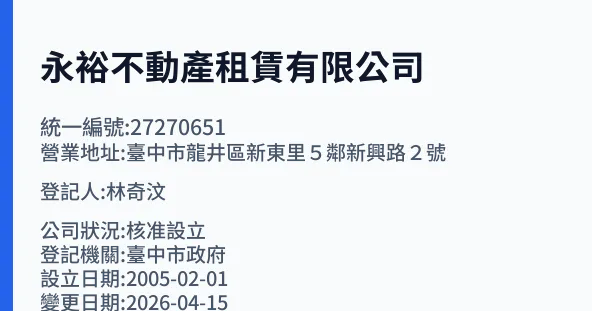 永裕不動產租賃有限公司的照片-統編 27270651(臺中市) 公司登記資料與營業項目詳細圖表