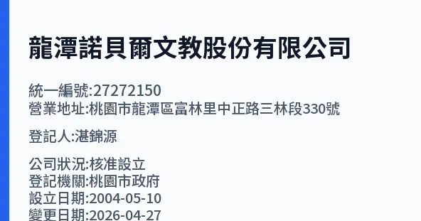龍潭諾貝爾文教股份有限公司的照片-統編 27272150(桃園市) 公司登記資料與營業項目詳細圖表