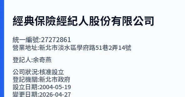 經典保險經紀人股份有限公司的照片-統編 27272861(新北市) 公司登記資料與營業項目詳細圖表