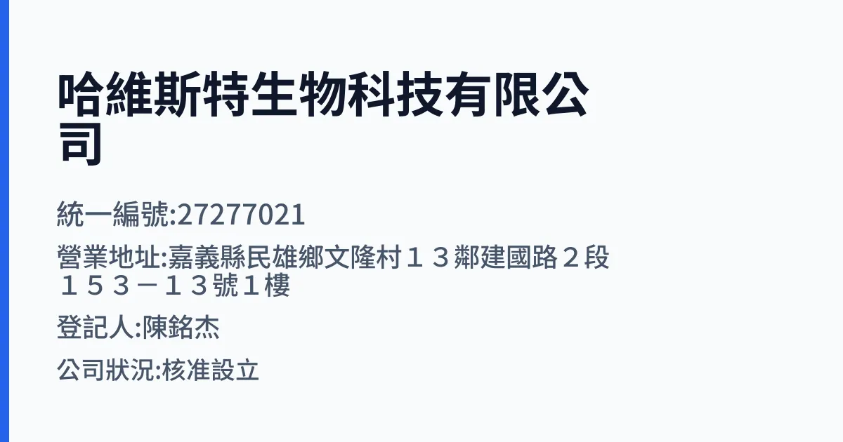 哈維斯特生物科技有限公司 - 統編 27277021(嘉義縣) 公司登記資料與營業項目詳細圖表