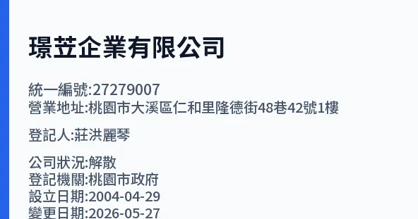 璟苙企業有限公司的照片-統編 27279007(桃園市) 公司登記資料與營業項目詳細圖表