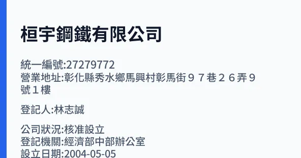 桓宇鋼鐵有限公司的照片-統編 27279772(彰化縣) 公司登記資料與營業項目詳細圖表