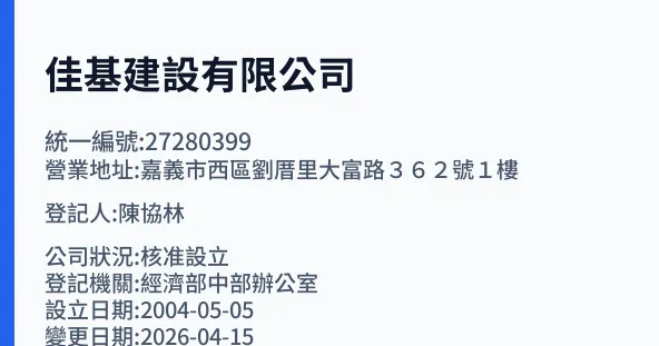 佳基建設有限公司的照片-統編 27280399(嘉義市) 公司登記資料與營業項目詳細圖表