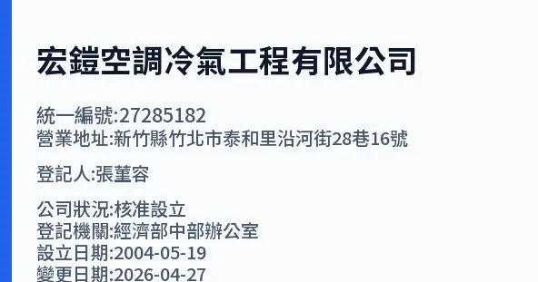 宏鎧空調冷氣工程有限公司的照片-統編 27285182(新竹縣) 公司登記資料與營業項目詳細圖表