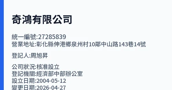 奇鴻有限公司的照片-統編 27285839(彰化縣) 公司登記資料與營業項目詳細圖表