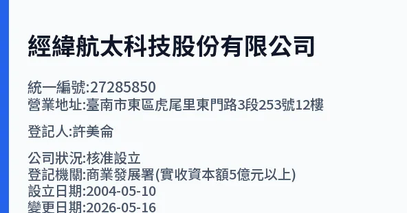 經緯航太科技股份有限公司的照片-統編 27285850(臺南市) 公司登記資料與營業項目詳細圖表
