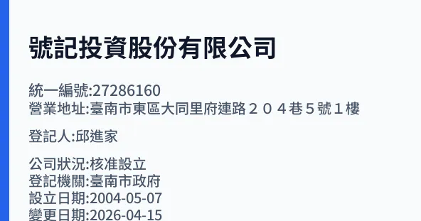 號記投資股份有限公司的照片-統編 27286160(臺南市) 公司登記資料與營業項目詳細圖表