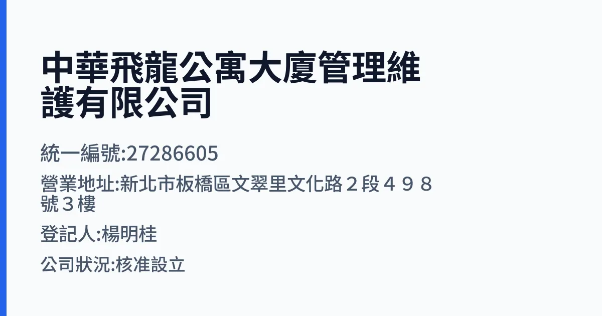 中華飛龍公寓大廈管理維護有限公司 - 統編 27286605(新北市) 公司登記資料與營業項目詳細圖表