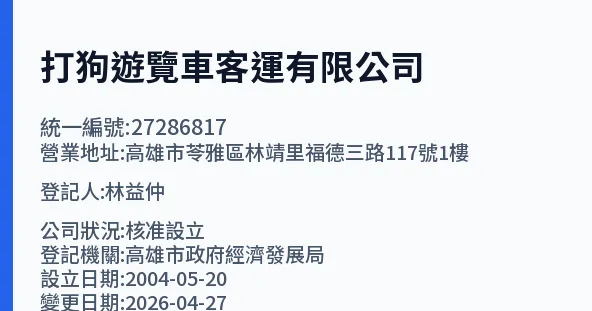 打狗遊覽車客運有限公司的照片-統編 27286817(高雄市) 公司登記資料與營業項目詳細圖表