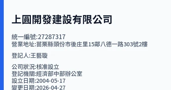 上圓開發建設有限公司的照片-統編 27287317(苗栗縣) 公司登記資料與營業項目詳細圖表