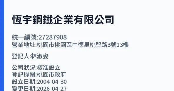 恆宇鋼鐵企業有限公司的照片-統編 27287908(桃園市) 公司登記資料與營業項目詳細圖表