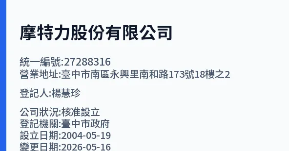摩特力股份有限公司的照片-統編 27288316(臺中市) 公司登記資料與營業項目詳細圖表