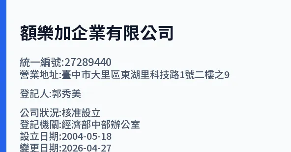 額樂加企業有限公司的照片-統編 27289440(臺中市) 公司登記資料與營業項目詳細圖表