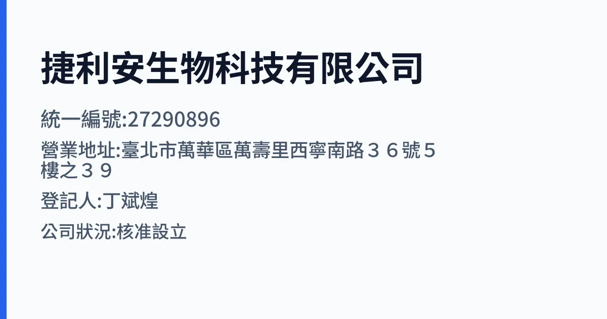 捷利安生物科技有限公司 - 統編 27290896(臺北市) 公司登記資料與營業項目詳細圖表