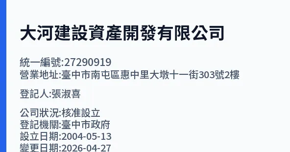 大河建設資產開發有限公司的照片-統編 27290919(臺中市) 公司登記資料與營業項目詳細圖表