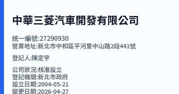 中華三菱汽車開發有限公司的照片-統編 27290930(新北市) 公司登記資料與營業項目詳細圖表