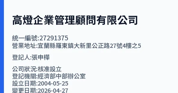 高燈企業管理顧問有限公司的照片-統編 27291375(宜蘭縣) 公司登記資料與營業項目詳細圖表
