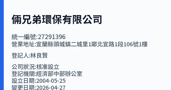 倆兄弟環保有限公司的照片-統編 27291396(宜蘭縣) 公司登記資料與營業項目詳細圖表