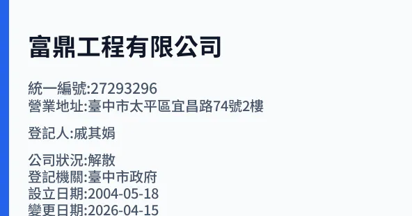 富鼎工程有限公司的照片-統編 27293296(臺中市) 公司登記資料與營業項目詳細圖表