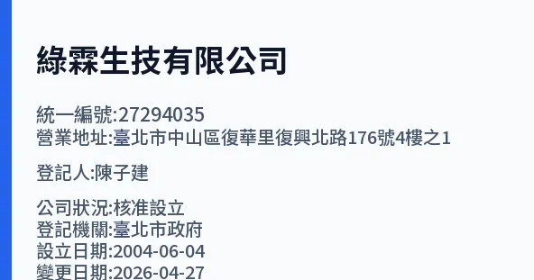 綠霖生技有限公司的照片-統編 27294035(臺北市) 公司登記資料與營業項目詳細圖表