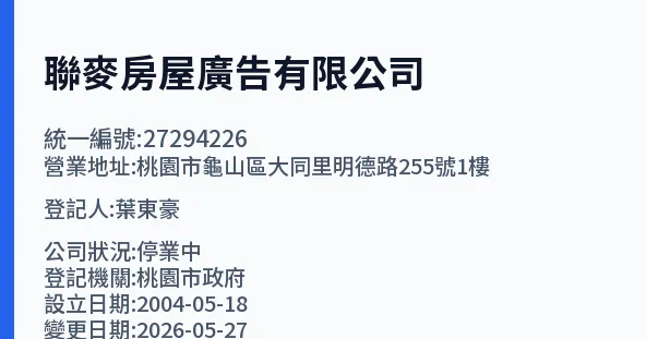 聯麥房屋廣告有限公司的照片-統編 27294226(桃園市) 公司登記資料與營業項目詳細圖表