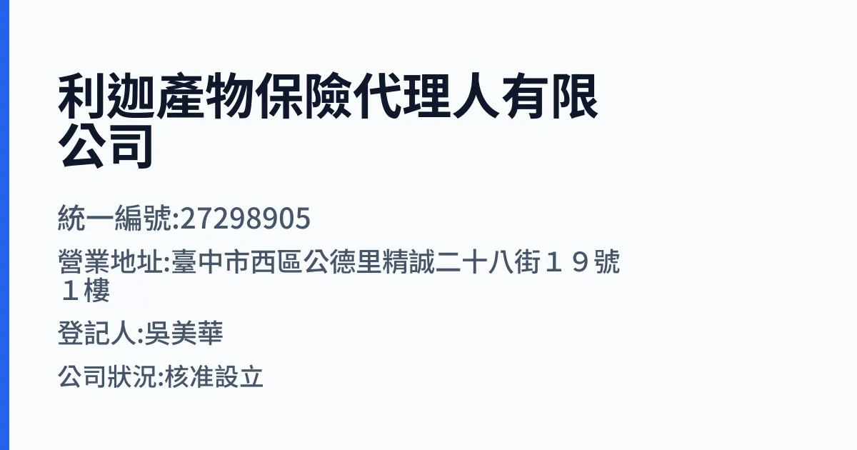 利迦產物保險代理人有限公司 - 統編 27298905(臺中市) 公司登記資料與營業項目詳細圖表