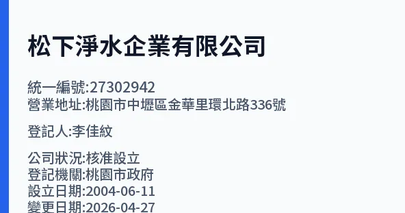 松下淨水企業有限公司的照片-統編 27302942(桃園市) 公司登記資料與營業項目詳細圖表