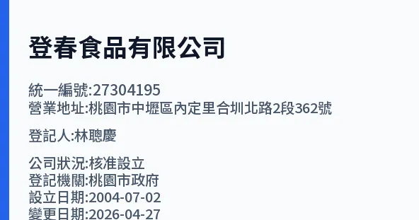 登春食品有限公司的照片-統編 27304195(桃園市) 公司登記資料與營業項目詳細圖表