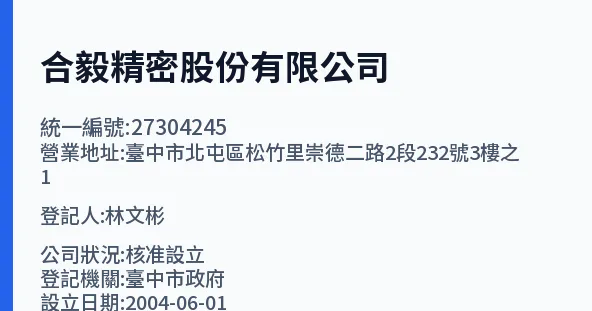 合毅精密股份有限公司的照片-統編 27304245(臺中市) 公司登記資料與營業項目詳細圖表