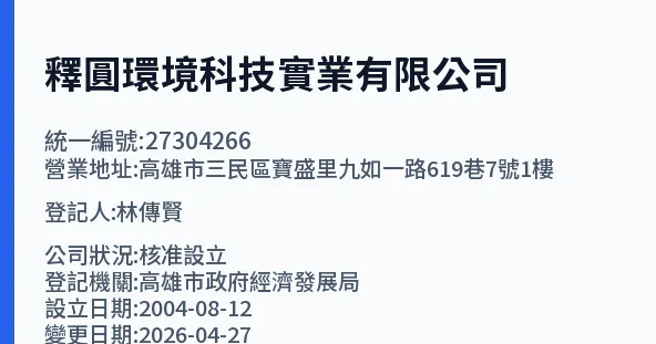 釋圓環境科技實業有限公司的照片-統編 27304266(高雄市) 公司登記資料與營業項目詳細圖表