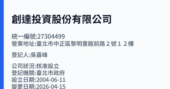 創達投資股份有限公司的照片-統編 27304499(臺北市) 公司登記資料與營業項目詳細圖表