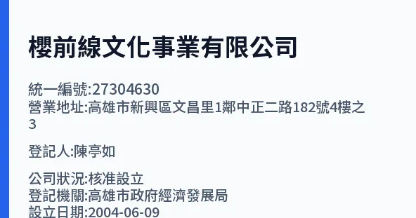 櫻前線文化事業有限公司的照片-統編 27304630(高雄市) 公司登記資料與營業項目詳細圖表