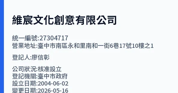 維宸文化創意有限公司的照片-統編 27304717(臺中市) 公司登記資料與營業項目詳細圖表