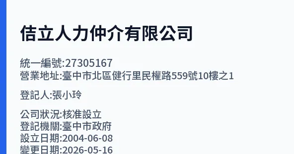 佶立人力仲介有限公司的照片-統編 27305167(臺中市) 公司登記資料與營業項目詳細圖表
