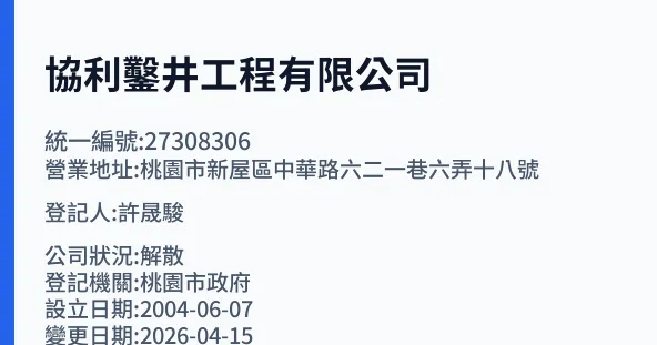 協利鑿井工程有限公司的照片-統編 27308306(桃園市) 公司登記資料與營業項目詳細圖表