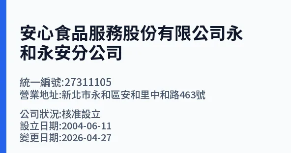 安心食品服務股份有限公司永和永安分公司的照片-統編 27311105(新北市) 公司登記資料與營業項目詳細圖表