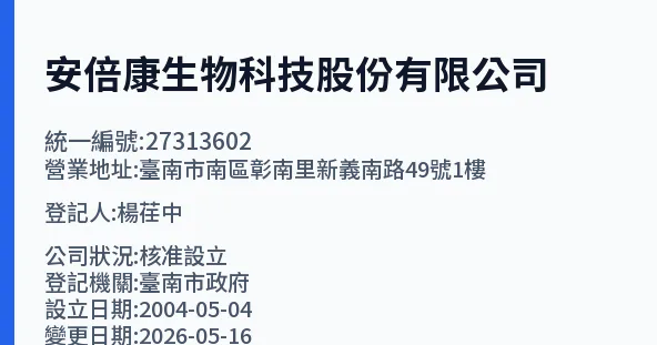 安倍康生物科技股份有限公司的照片-統編 27313602(臺南市) 公司登記資料與營業項目詳細圖表