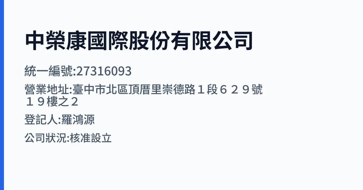 中榮康國際股份有限公司 - 統編 27316093(臺中市) 公司登記資料與營業項目詳細圖表