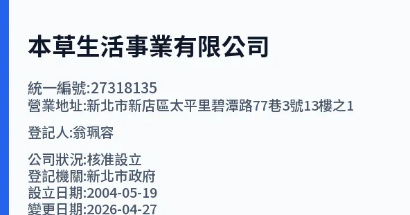 本草生活事業有限公司的照片-統編 27318135(新北市) 公司登記資料與營業項目詳細圖表