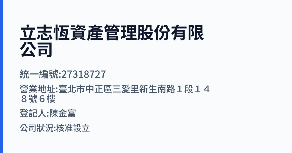 立志恆資產管理股份有限公司 - 統編 27318727(臺北市) 公司登記資料與營業項目詳細圖表