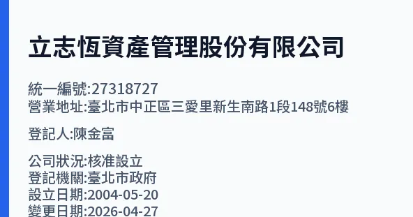 立志恆資產管理股份有限公司的照片-統編 27318727(臺北市) 公司登記資料與營業項目詳細圖表