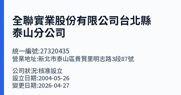 全聯實業股份有限公司台北縣泰山分公司的照片-統編 27320435(新北市) 公司登記資料與營業項目詳細圖表