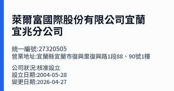 萊爾富國際股份有限公司宜蘭宜兆分公司的照片-統編 27320505(宜蘭縣) 公司登記資料與營業項目詳細圖表