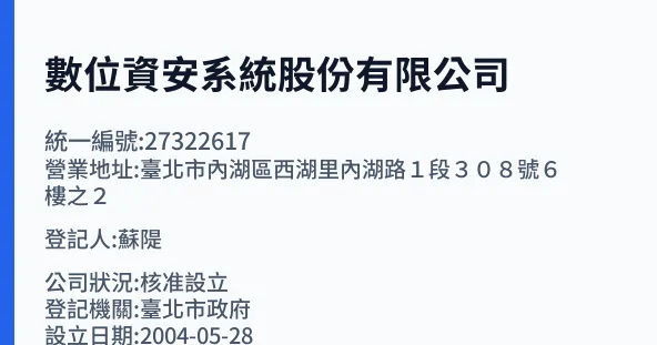 數位資安系統股份有限公司的照片-統編 27322617(臺北市) 公司登記資料與營業項目詳細圖表