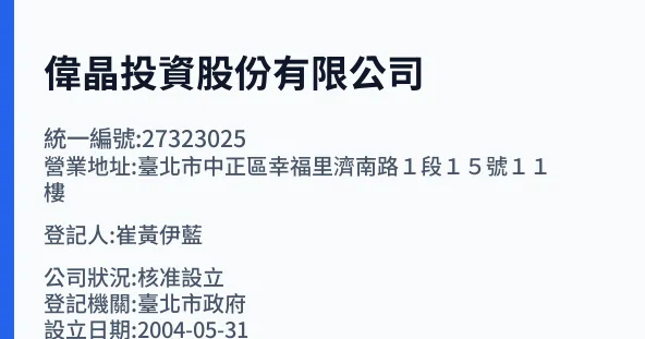 偉晶投資股份有限公司的照片-統編 27323025(臺北市) 公司登記資料與營業項目詳細圖表