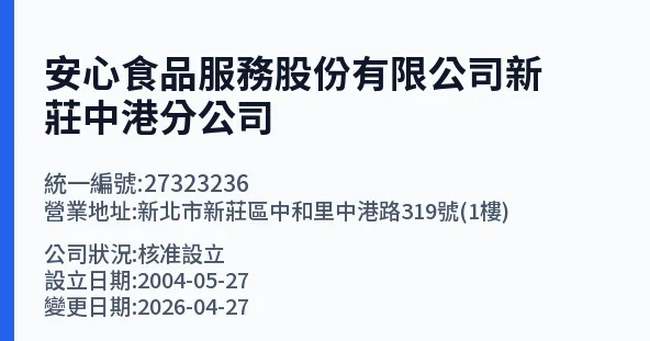 安心食品服務股份有限公司新莊中港分公司的照片-統編 27323236(新北市) 公司登記資料與營業項目詳細圖表